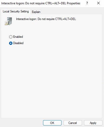 Ensure 'Interactive logon: Do not require CTRL+ALT+DEL' is set to 'Disabled' (CIS LEVEL 1)
