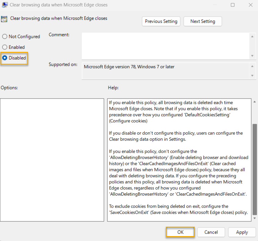 Ensure 'Clear browsing data when Microsoft Edge closes' is set to 'Disabled' (CIS LEVEL 1)