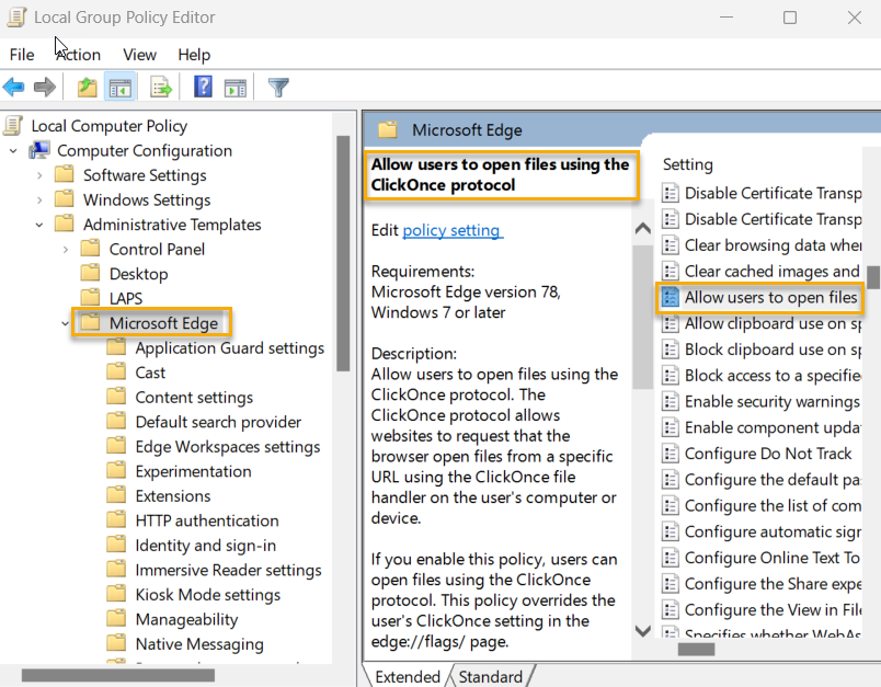 Ensure 'Allow users to open files using the ClickOnce protocol' is set ...