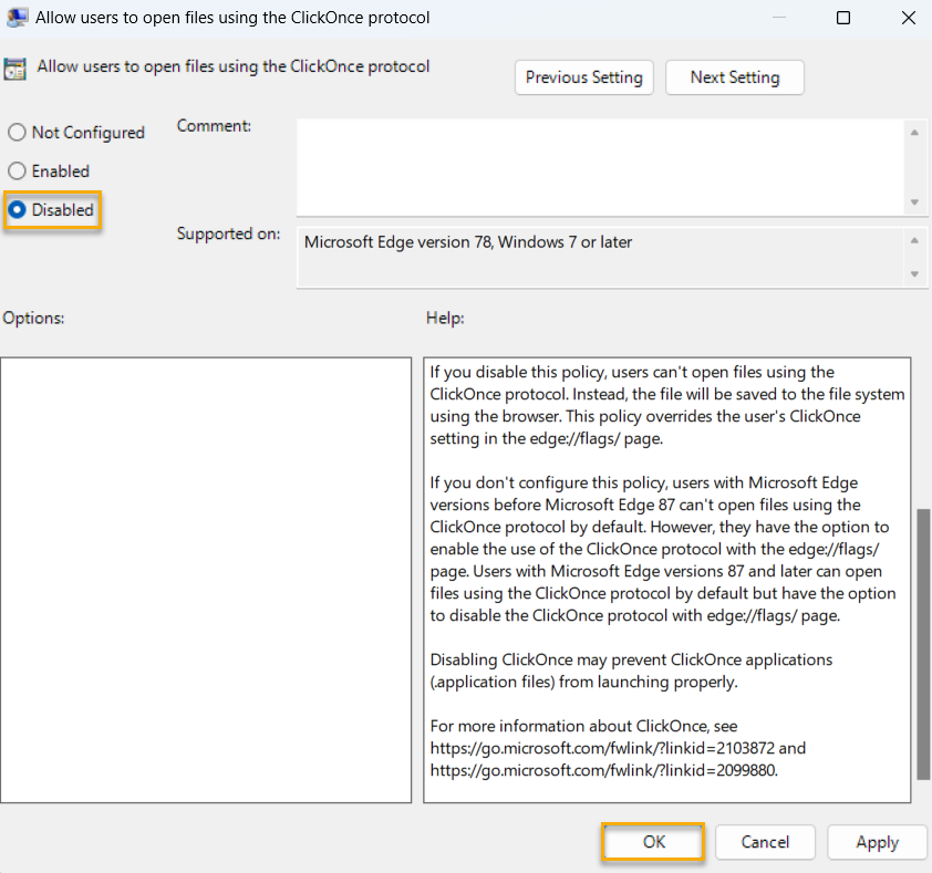 Ensure 'Allow users to open files using the ClickOnce protocol' is set to 'Disabled' (CIS LEVEL 2)