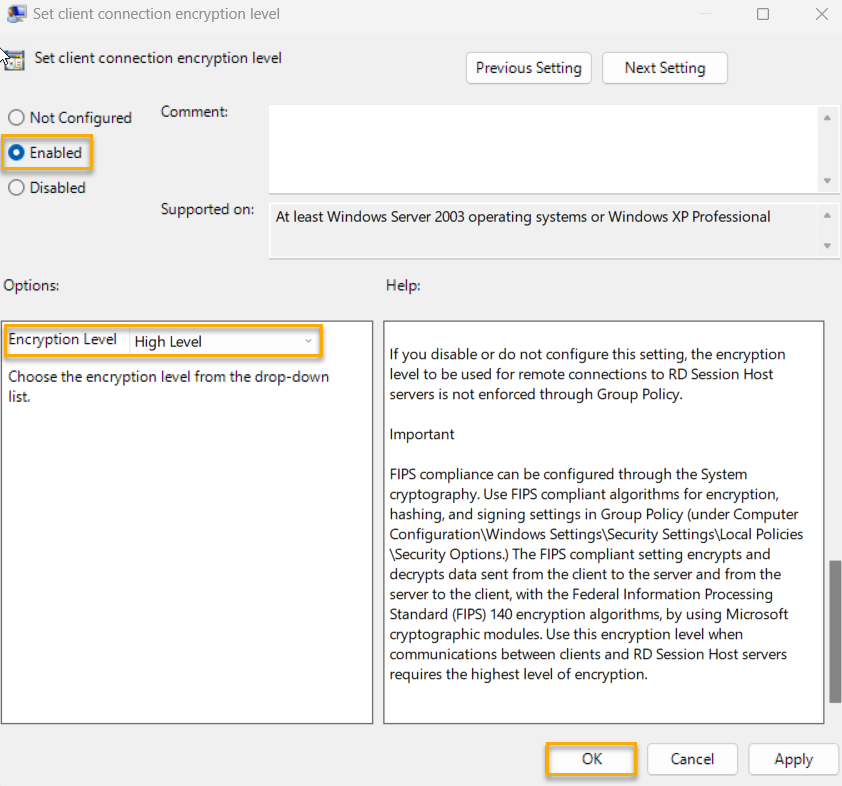 Ensure 'Set client connection encryption level' is set to 'Enabled ...
