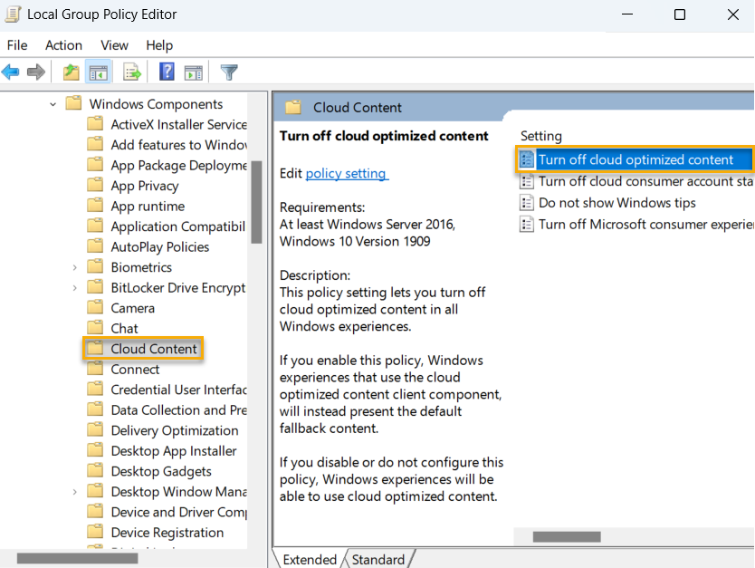 Ensure 'Turn off cloud optimized content' is set to 'Enabled' (CIS LEVEL 2)