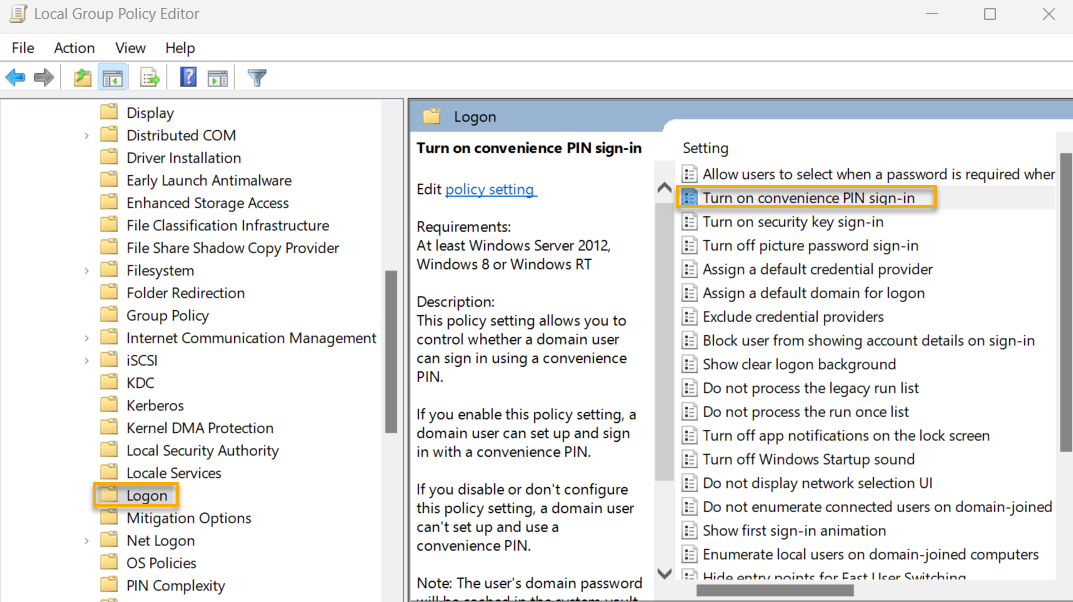 Ensure 'Turn on convenience PIN sign-in' is set to 'Disabled' (CIS LEVEL 1)