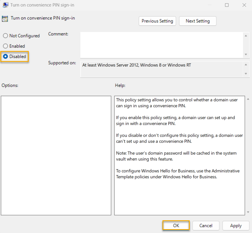 Ensure 'Turn on convenience PIN sign-in' is set to 'Disabled' (CIS LEVEL 1)