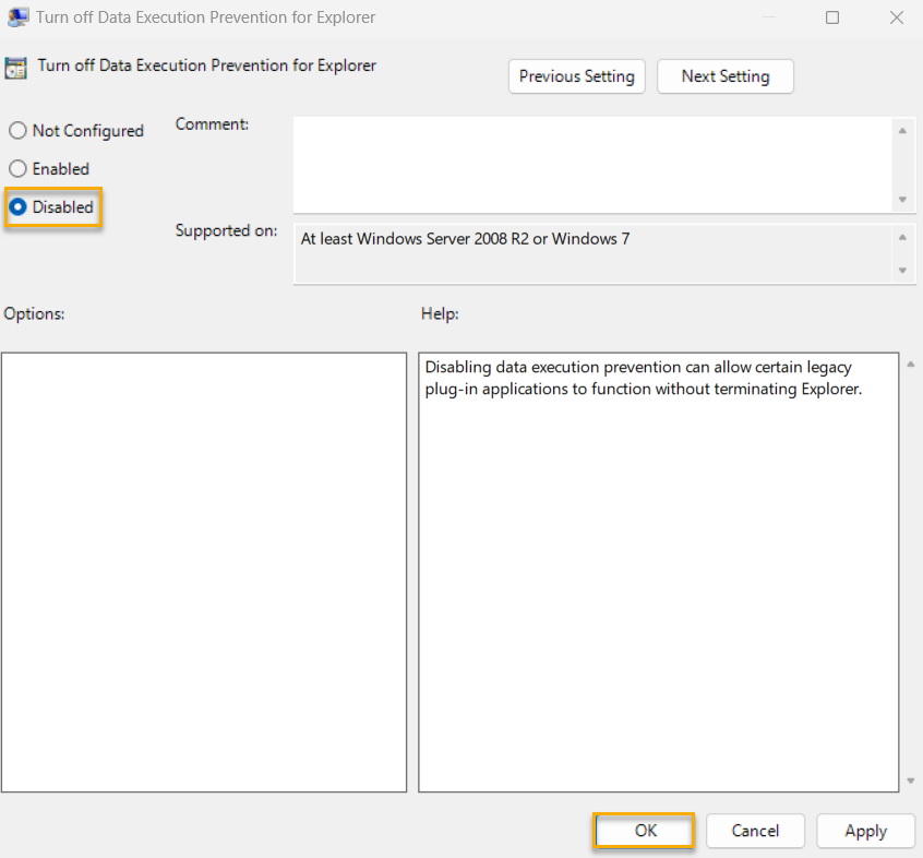 Ensure 'Turn off Data Execution Prevention for Explorer' is set to 'Disabled' (CIS LEVEL 1)