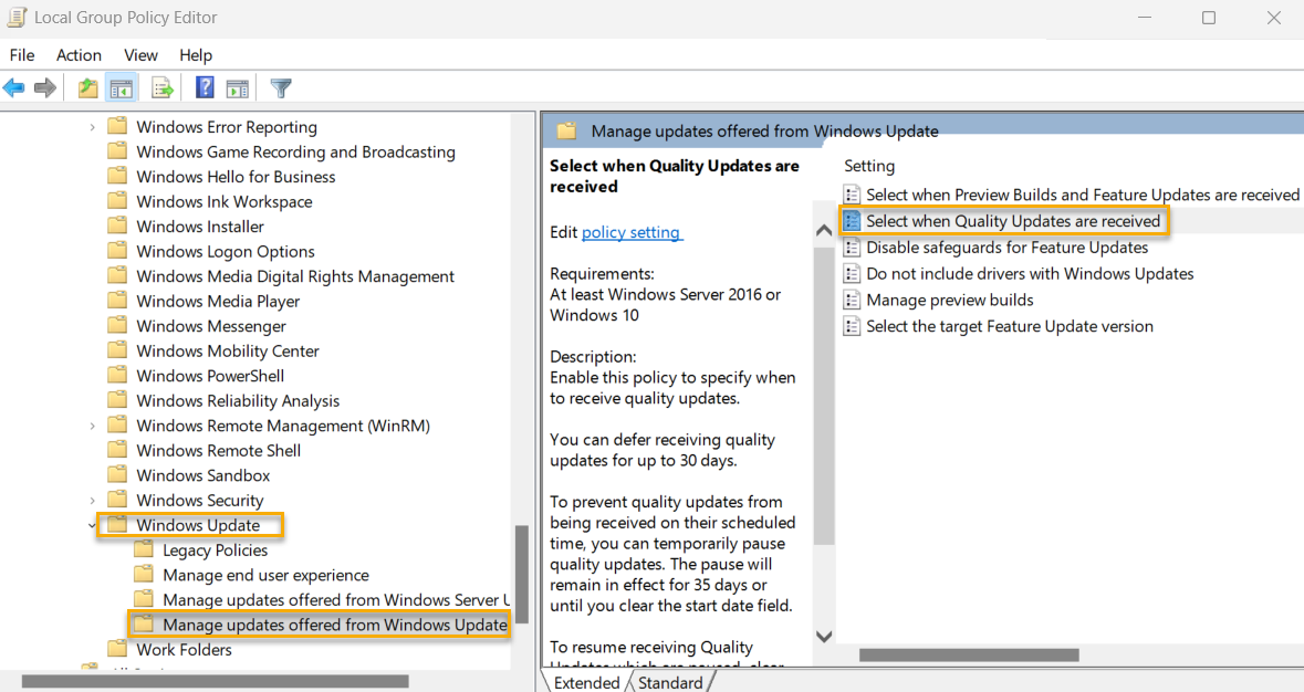 Ensure 'Select when Quality Updates are received' is set to 'Enabled: 0 ...