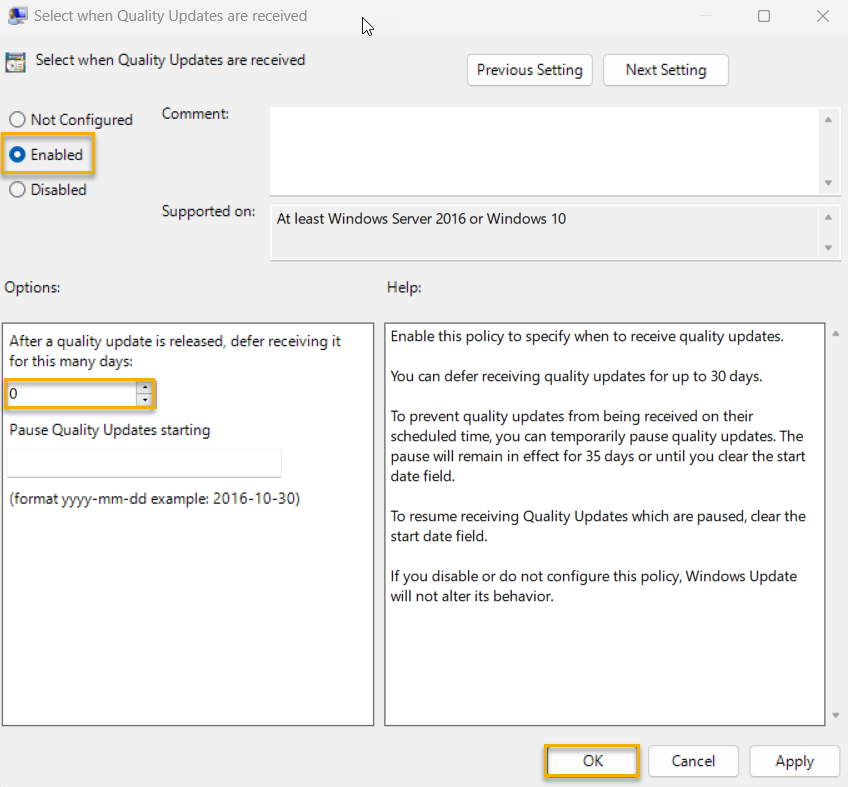 Ensure 'Select when Quality Updates are received' is set to 'Enabled: 0 ...