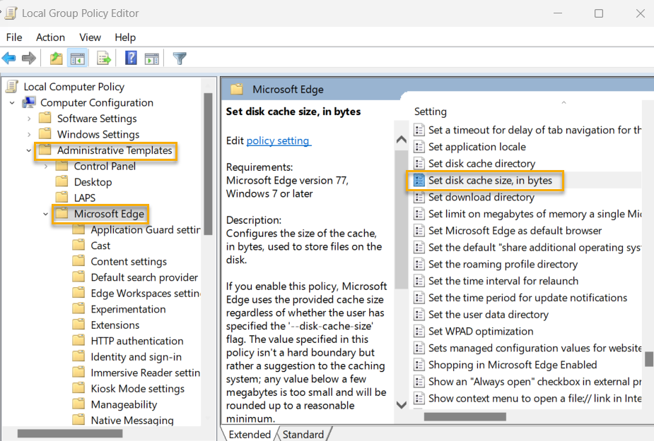 Ensure 'Set disk cache size, in bytes' is set to 'Enabled: 250609664 ...