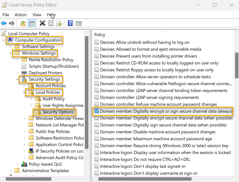 Ensure 'Domain member: Digitally encrypt or sign secure channel data (always)' is set to ...
