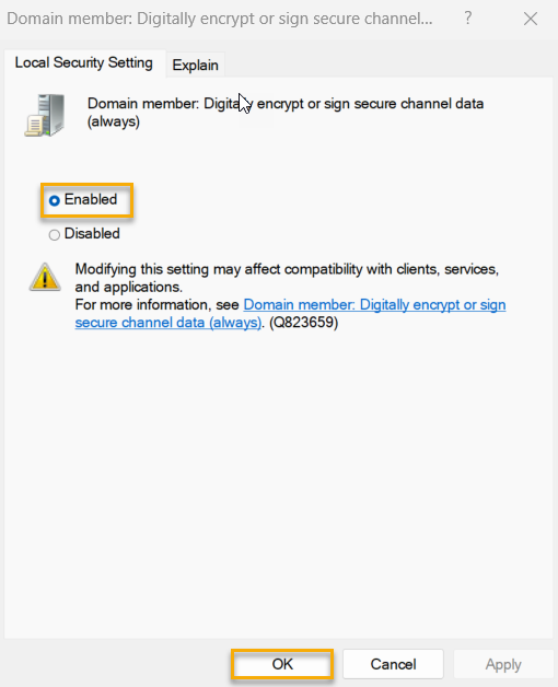 Obligatory Encryption or Signing of Secure Channel Data not Enabled (CIS LEVEL 1)
