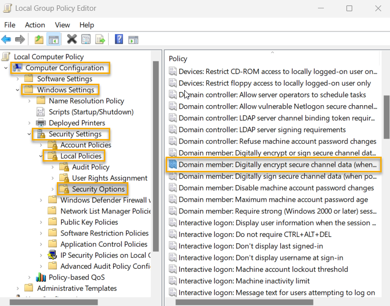 Ensure 'Domain member: Digitally encrypt secure channel data (when possible)' is set to 'Enabled ...