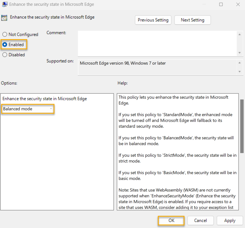 Ensure 'Enhance the security state in Microsoft Edge' is set to ...