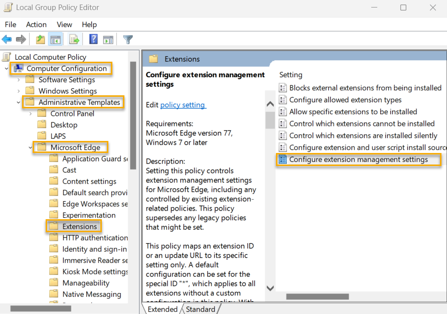 Ensure 'Configure extension management settings' is set to 'Enabled ...
