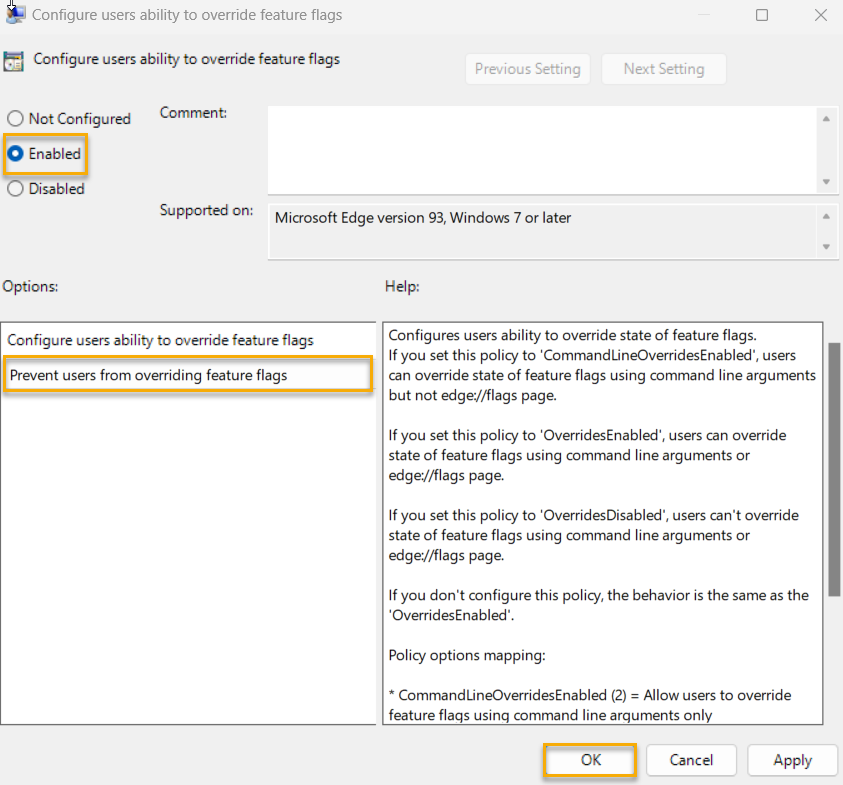 Ensure 'Configure users ability to override feature flags' is set to 'Enabled: Prevent users ...