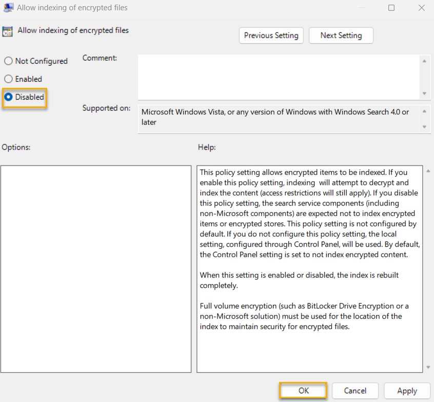 Ensure 'Allow indexing of encrypted files' is set to 'Disabled' (CIS LEVEL 1)