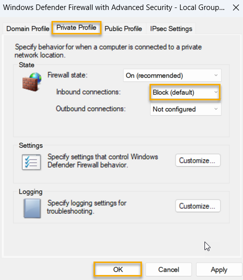 Ensure 'Windows Firewall: Private: Inbound connections' is set to 'Block (default)' (CIS LEVEL 1)
