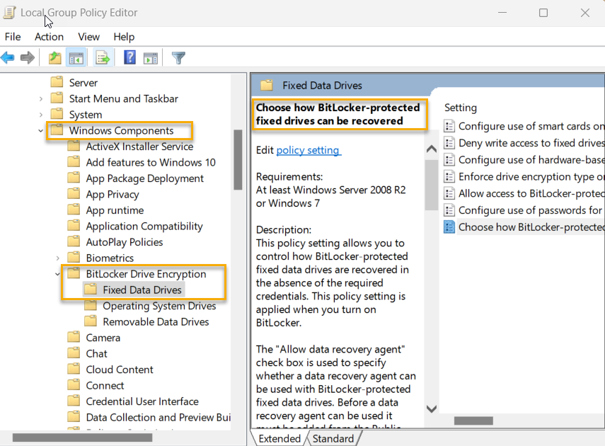 Ensure 'Choose how BitLocker-protected fixed drives can be recovered ...