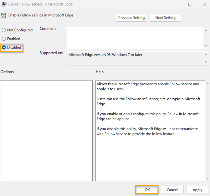 Ensure 'Enable Follow service in Microsoft Edge' is set to 'Disabled ...