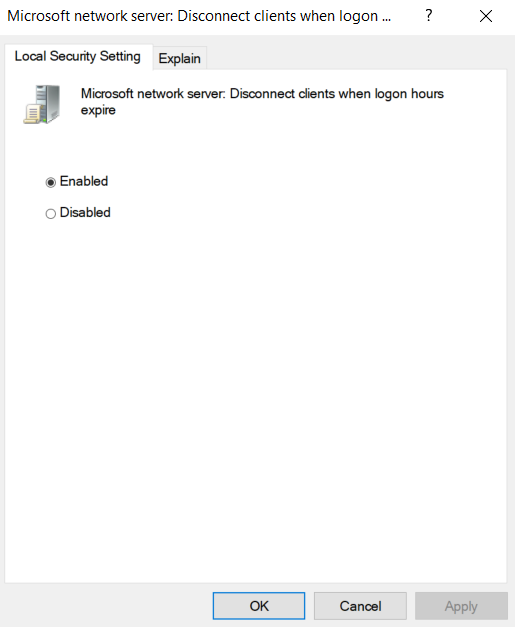 Ensure 'Microsoft network server: Disconnect clients when logon hours expire' is set to 'Enabled ...