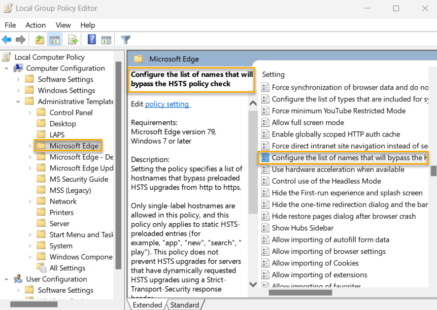 HSTS Policy Bypass Allowed (CIS LEVEL 1 MS Edge)