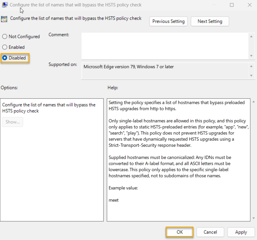 Ensure 'Configure the list of names that will bypass the HSTS policy ...