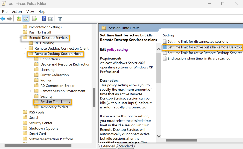 Ensure 'Set time limit for active but idle Remote Desktop Services sessions' is set to 'Enabled ...