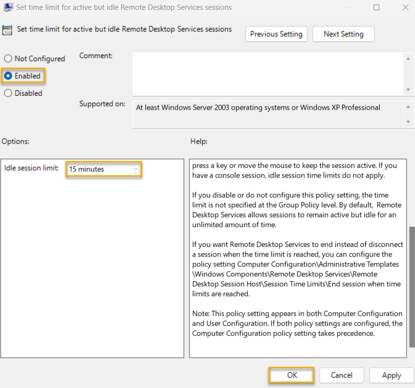 Ensure 'Set time limit for active but idle Remote Desktop Services sessions' is set to 'Enabled ...
