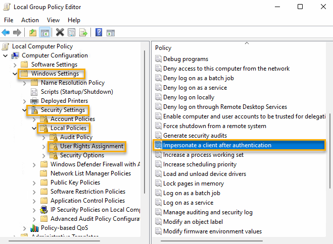 Ensure 'Impersonate a client after authentication' is set to 'Administrators, LOCAL SERVICE ...