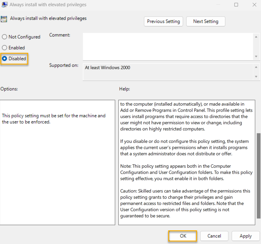 Ensure 'Always install with elevated privileges' is set to 'Disabled' (CIS LEVEL 1)