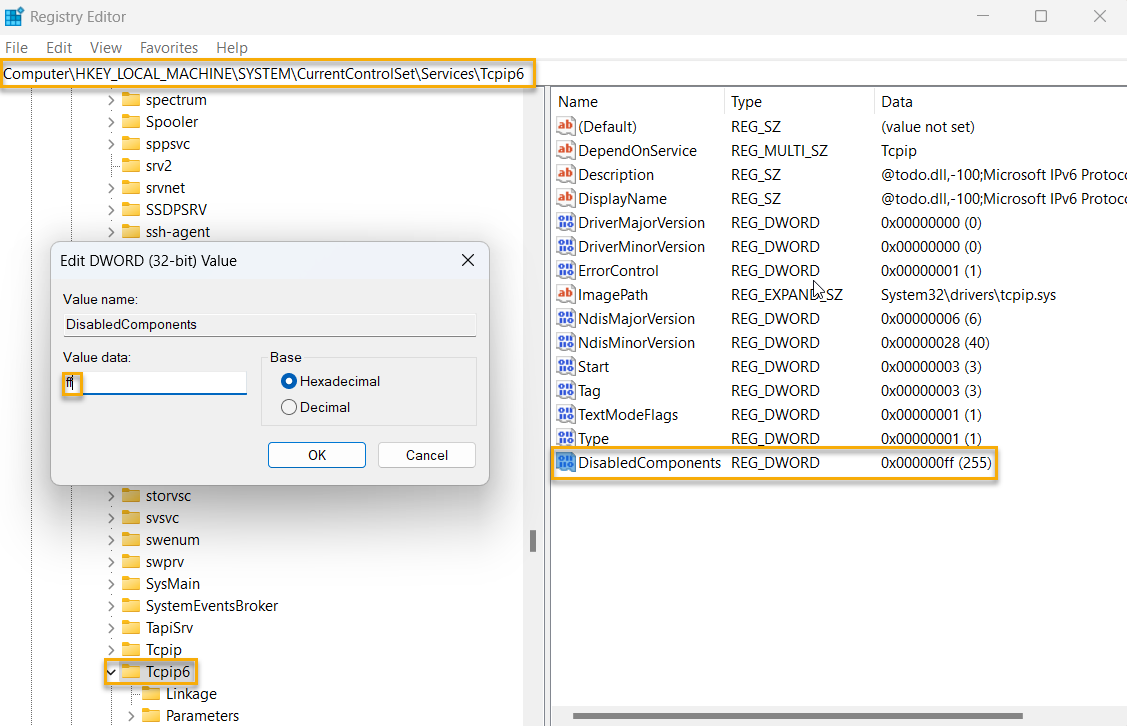 Disable IPv6 (Ensure TCPIP6 Parameter 'DisabledComponents' is set to ...
