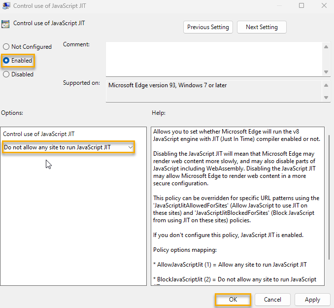 Ensure 'Control use of JavaScript JIT' is set to 'Enabled: Do not allow any site to run ...