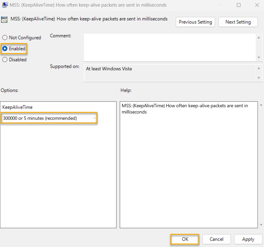 Ensure 'MSS: (KeepAliveTime) How often keep-alive packets are sent in ...