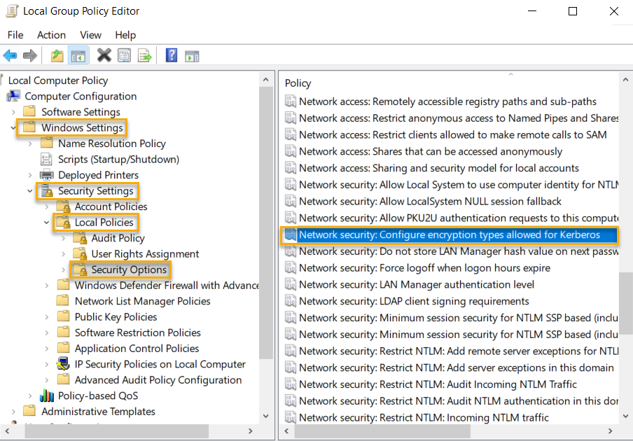 Ensure 'Network security: Configure encryption types allowed for Kerberos' is set to 'AES128 ...