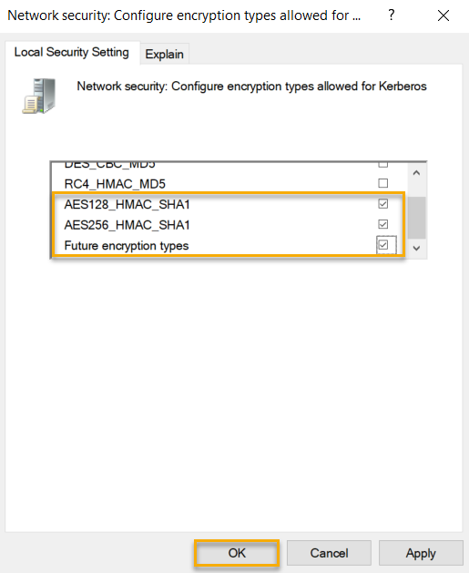 Ensure 'Network security: Configure encryption types allowed for Kerberos' is set to 'AES128 ...