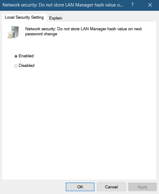 Ensure 'Network security: Do not store LAN Manager hash value on next password change' is set to ...