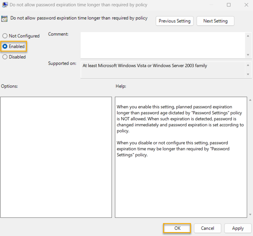 Ensure 'Do not allow password expiration time longer than required by policy' is set to 'Enabled ...