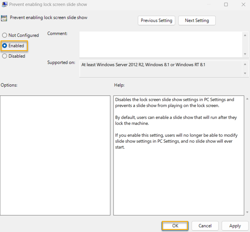 Ensure 'Prevent enabling lock screen slide show' is set to 'Enabled' (CIS LEVEL 1)