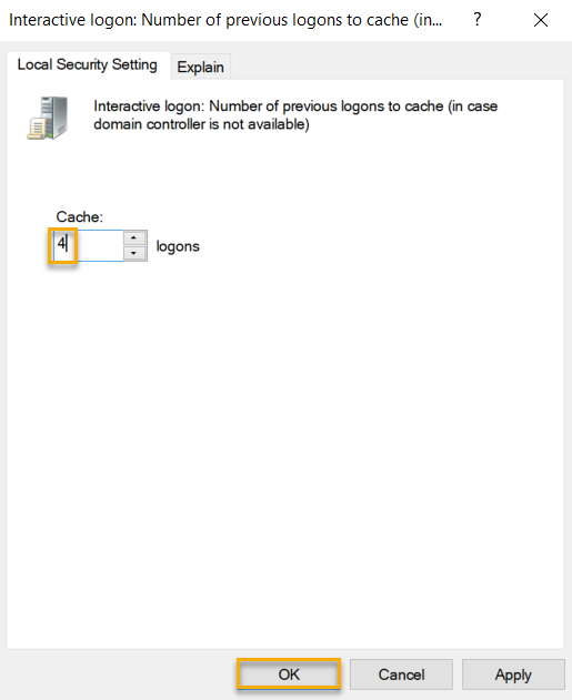 Ensure 'Interactive logon: Number of previous logons to cache (in case domain controller is not ...