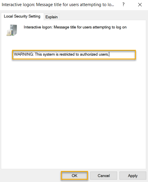Configure 'Interactive logon: Message title for users attempting to log on' (CIS LEVEL 1)