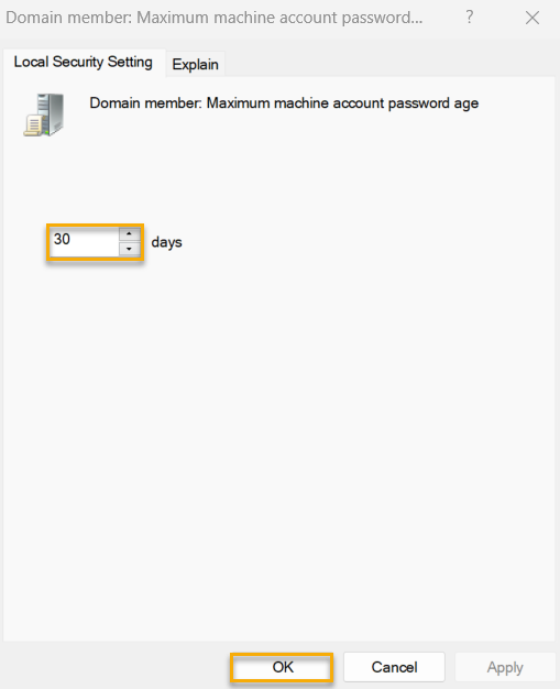 The maximum age for machine account passwords must be configured to 30 ...