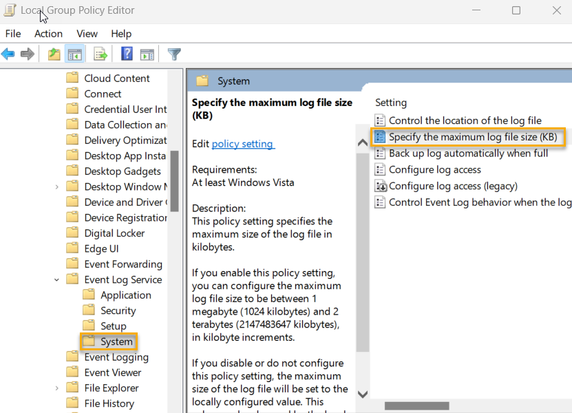 Ensure 'System: Specify the maximum log file size (KB)' is set to 'Enabled: 32,768 or greater ...