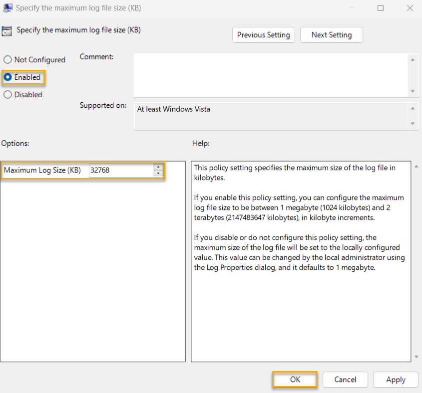Ensure 'System: Specify the maximum log file size (KB)' is set to 'Enabled: 32,768 or greater ...