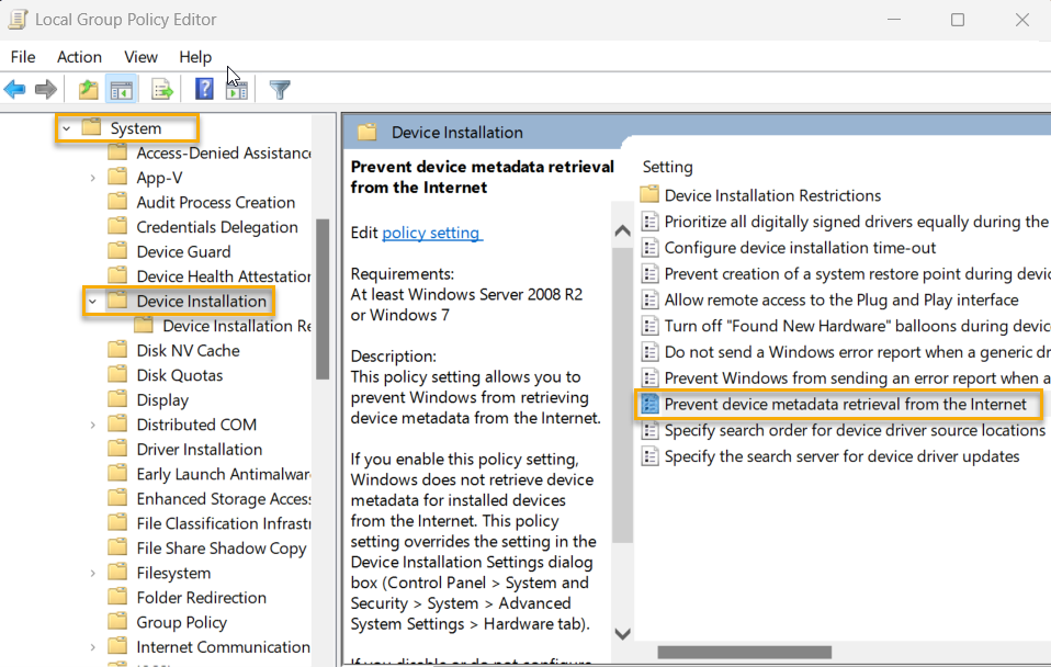 Ensure 'Prevent device metadata retrieval from the Internet' is set to 'Enabled' (CIS LEVEL 1)