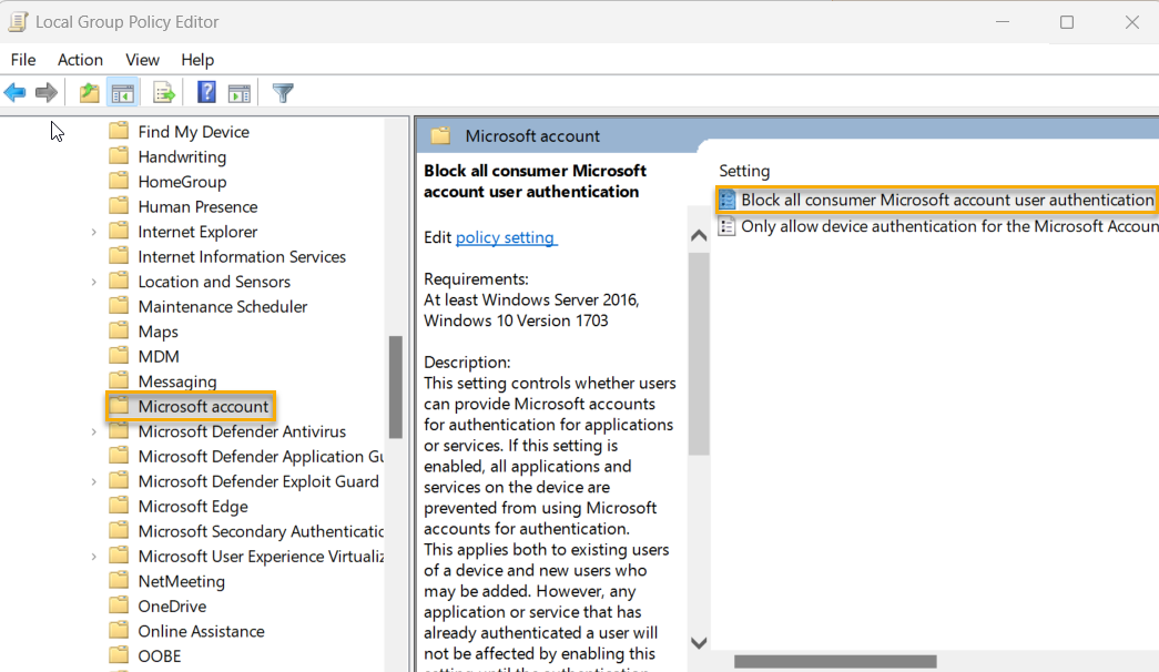 Ensure 'Block all consumer Microsoft account user authentication' is set to 'Enabled' (CIS LEVEL 1)