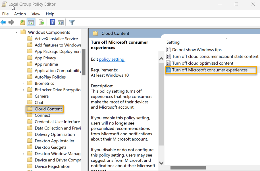 Ensure 'Turn off Microsoft consumer experiences' is set to 'Enabled' (CIS LEVEL 1)