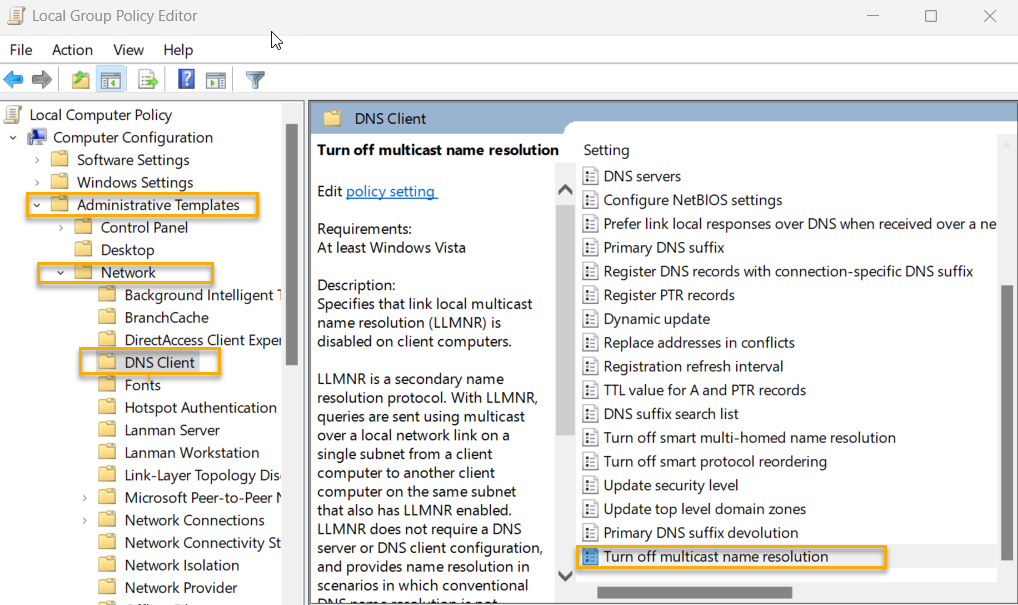 Ensure 'Turn off multicast name resolution' is set to 'Enabled' (CIS LEVEL 1)