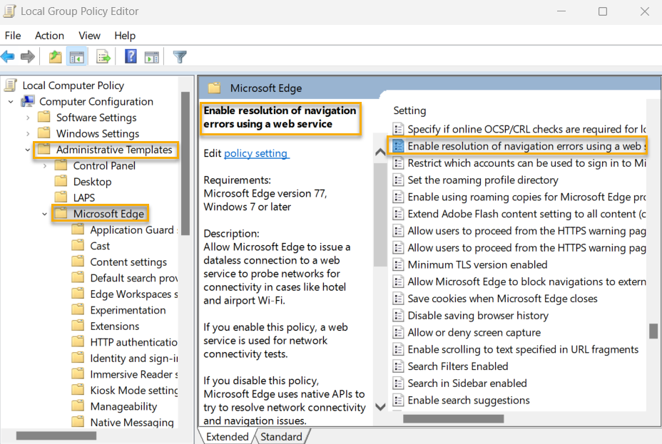 Ensure 'Enable resolution of navigation errors using a web service' is ...