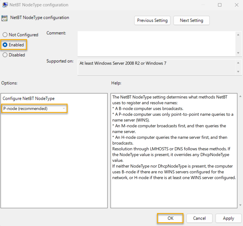 Ensure 'NetBT NodeType configuration' is set to 'Enabled: P-node (recommended)' (CIS LEVEL 1)