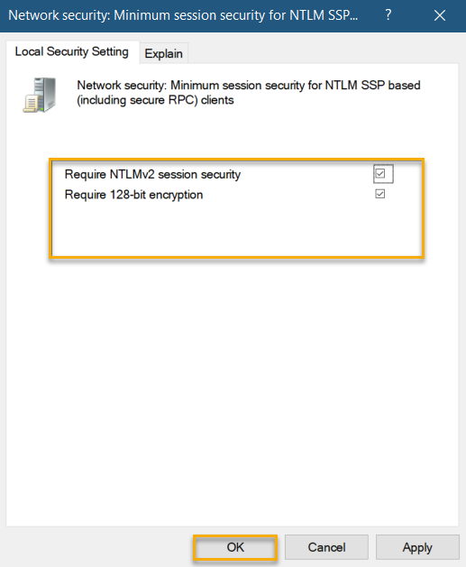 Ensure 'Network security: Minimum session security for NTLM SSP based ...