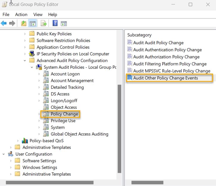 Ensure 'Audit Other Policy Change Events' is set to include 'Failure ...